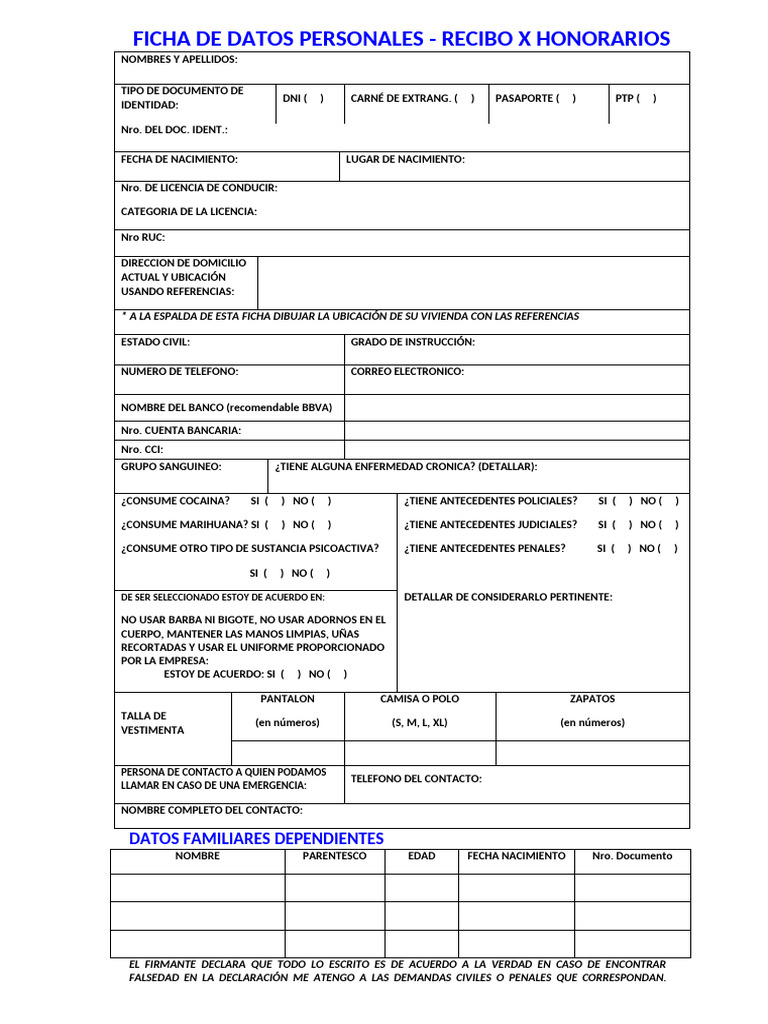 Ficha Personal Recibo Honorarios | PDF