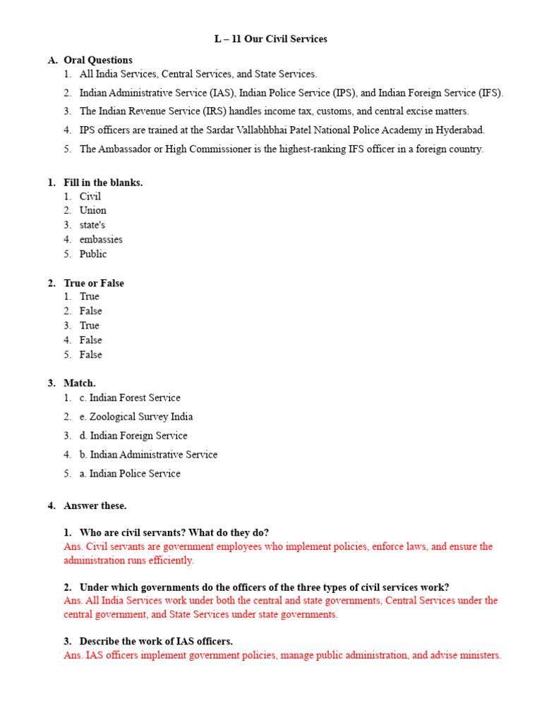 Grade 5 L-13 Our Civil Services Answer Key | PDF