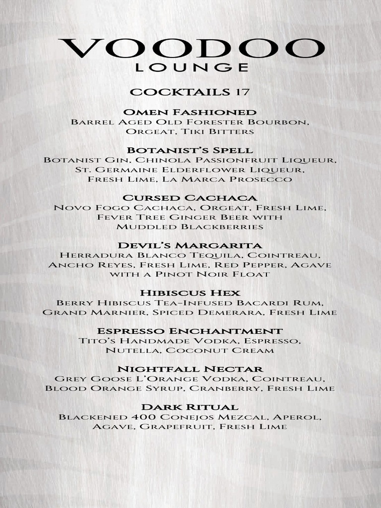Voodoo Lounge Menu - Acc011624 | PDF | Champagne | Alcoholic Drinks