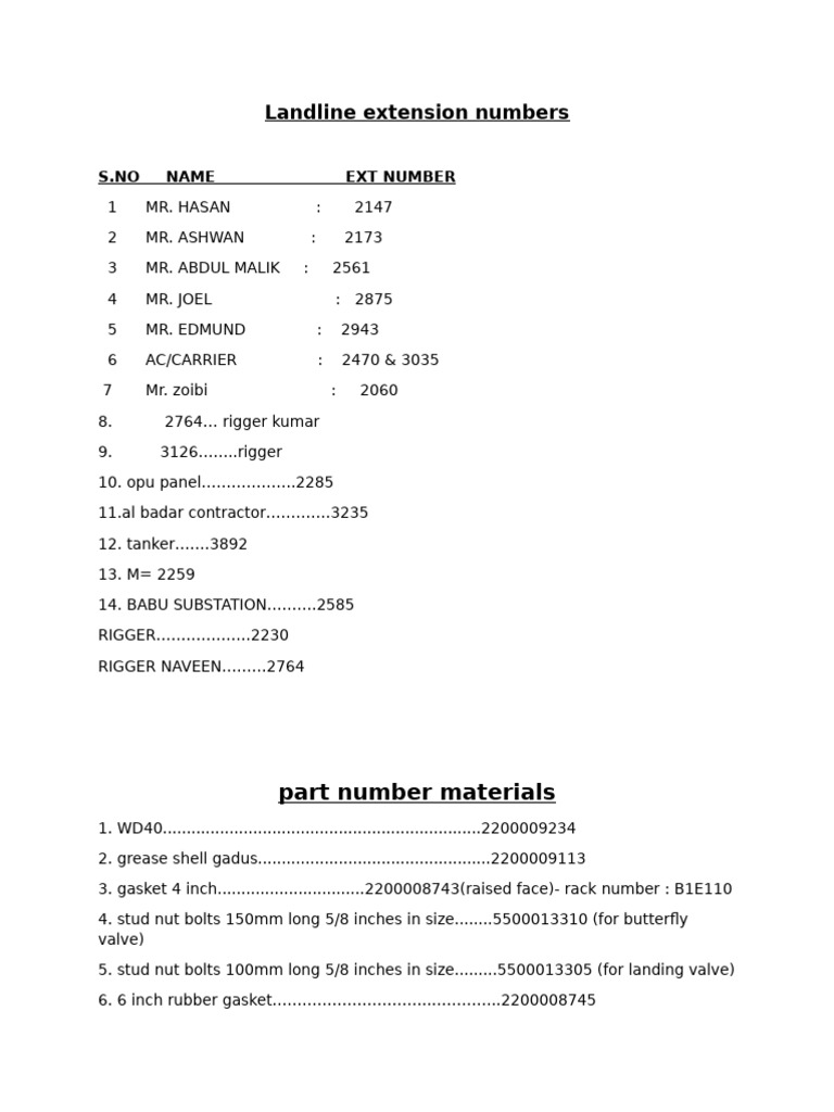 Part Numbers & Extension Numbers | PDF