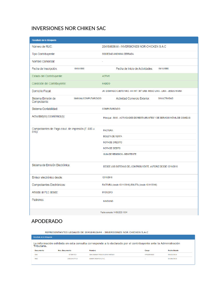 Inversiones Nor Chiken Sac | PDF