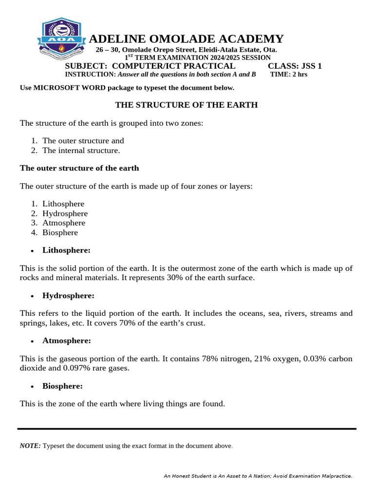PRACTICAL JSS Computer - ICT 1st Term EXAM 2024 | PDF | Earth | Data