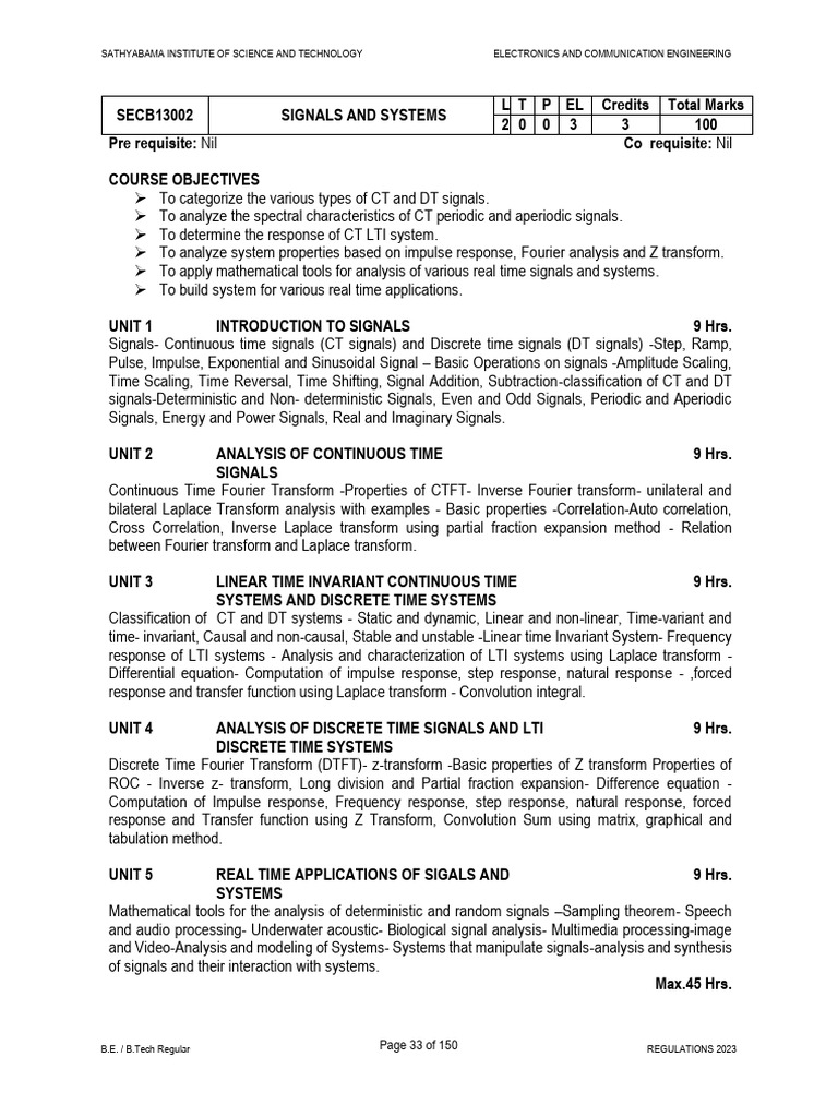 SECB1302 Signals and Systems Syllabus | PDF | Applied Mathematics | Signal Processing