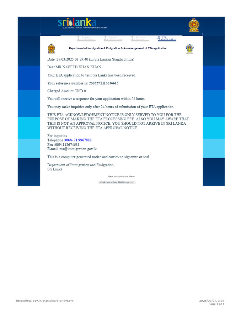 ETA Application Acknowledgment for Sri Lanka | PDF