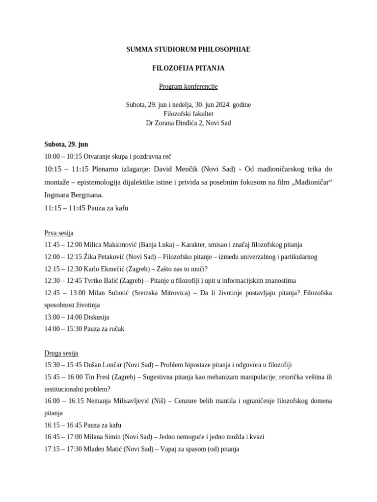Program Filozofija Pitanja 2024 | PDF
