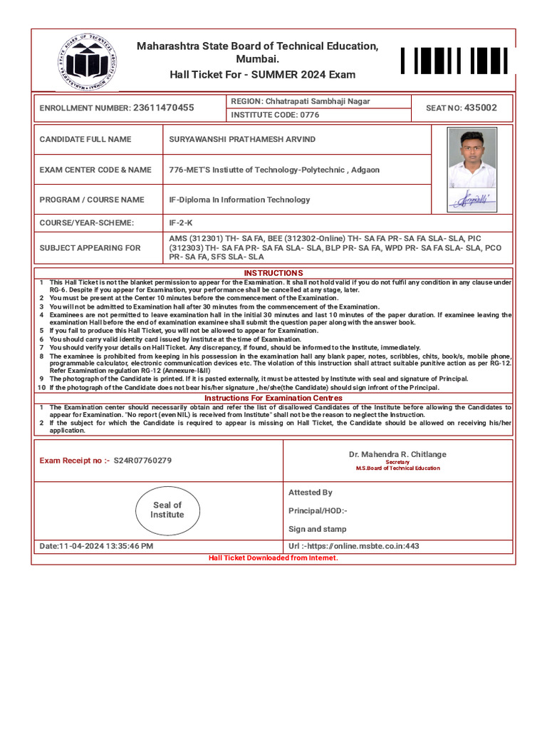 Hall Ticket For Summer | PDF