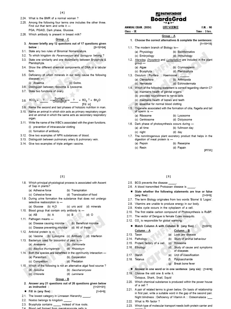 Class 9 Life Science Annual Exam 2024 | PDF | Cellular Respiration ...