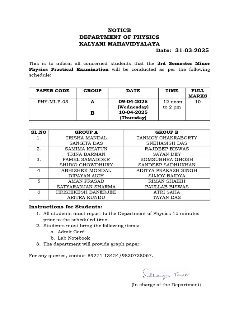 3rd Semester Physics Practical Exam Notice | PDF