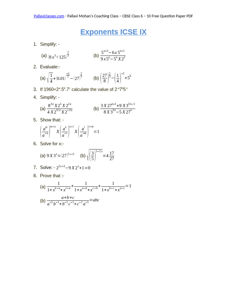 Class 9 Exponents Worksheet PDF | PDF