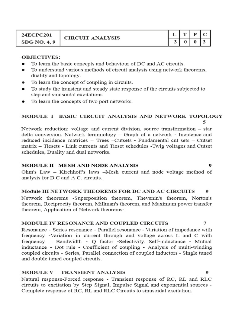 24ECPC201 Circuit Analysis Syllabus .docx | PDF | Inductance | Electrical Network