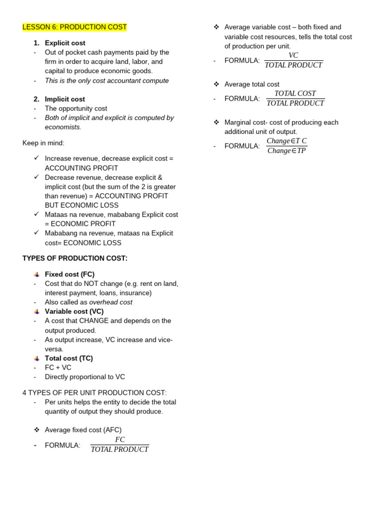 Lesson 6 - Production Cost | PDF