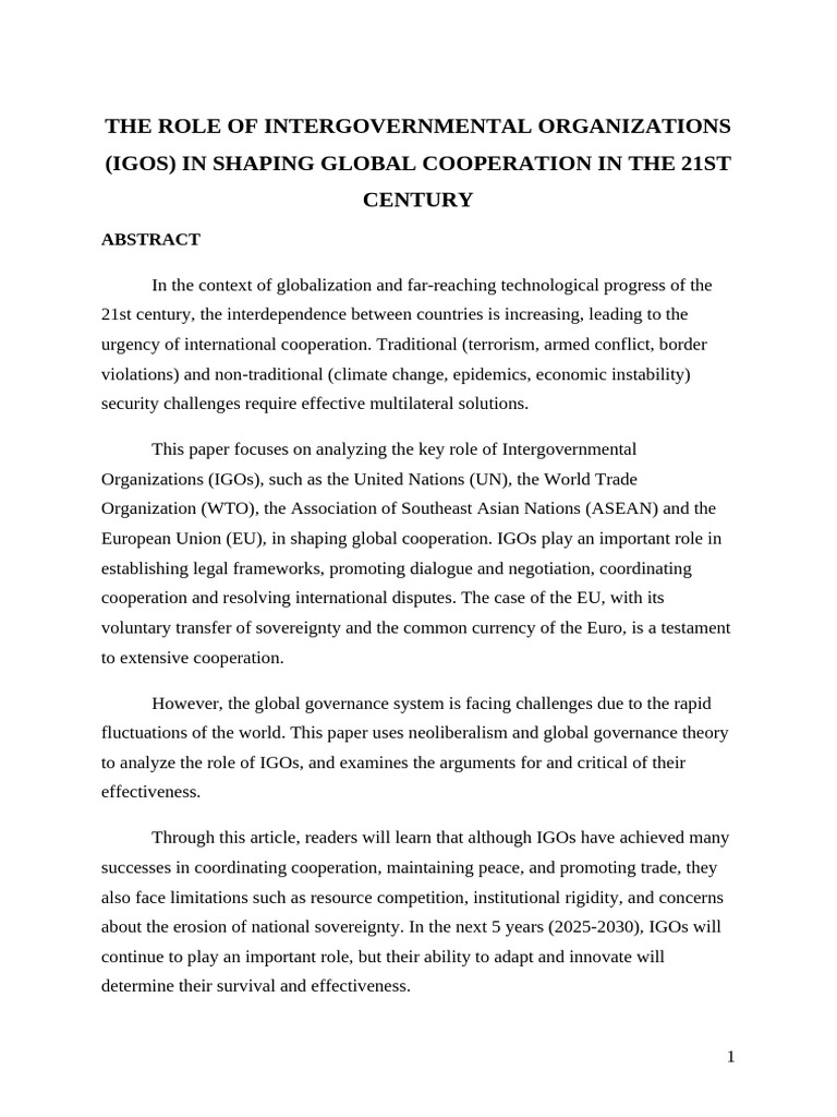 The Role of Intergovernmental Organizations (Igos) in Shaping Global ...