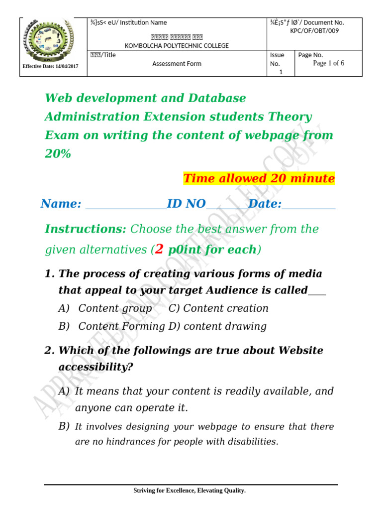 KPC Exam: Web Development Assessment | PDF