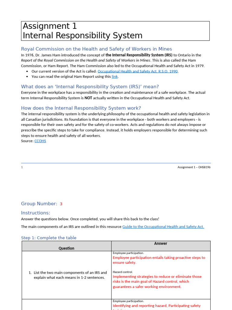 OHS8196 Assignment 1 - Internal Responsbility System v1 (2) | PDF ...