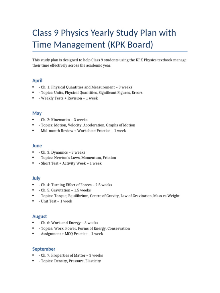 Class 9 Physics Yearly Study Plan KPK | PDF