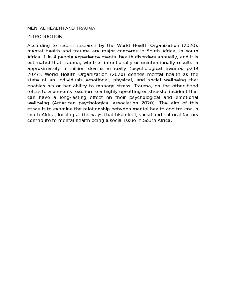 Mental Health and Trauma in South Africa | PDF