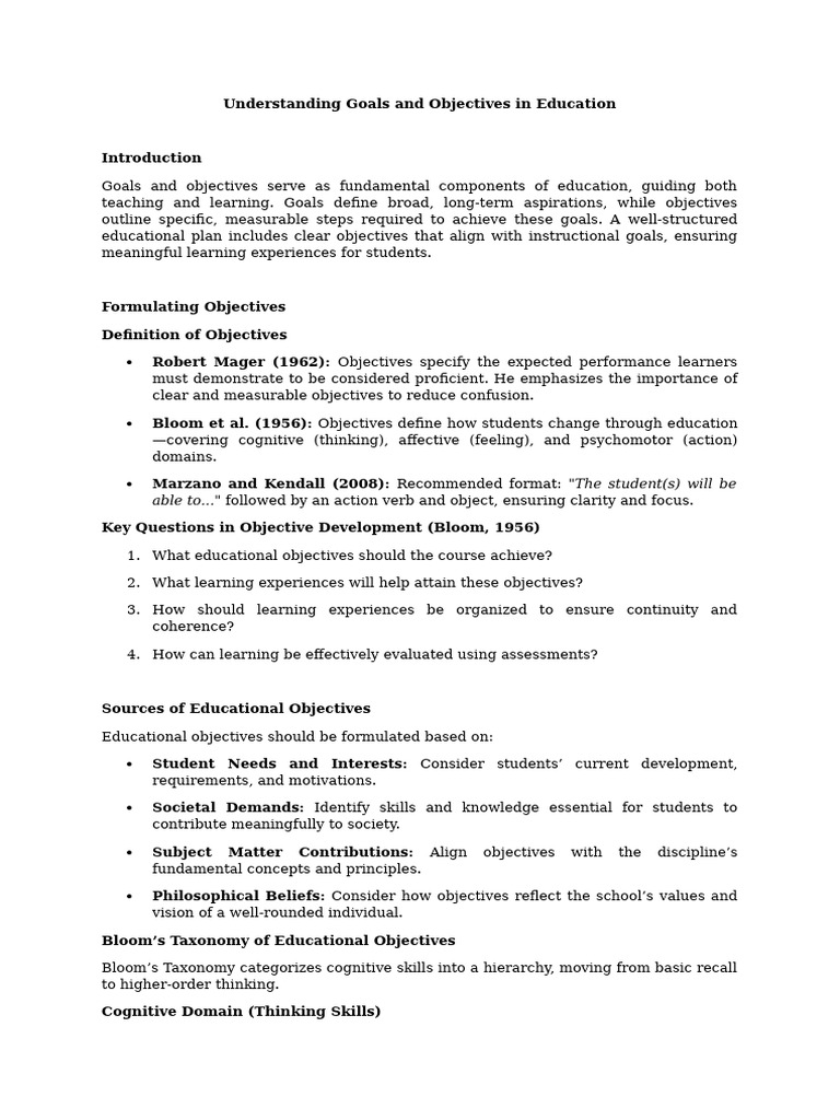 Goals and Objectives in Education Explained | PDF | Goal ...