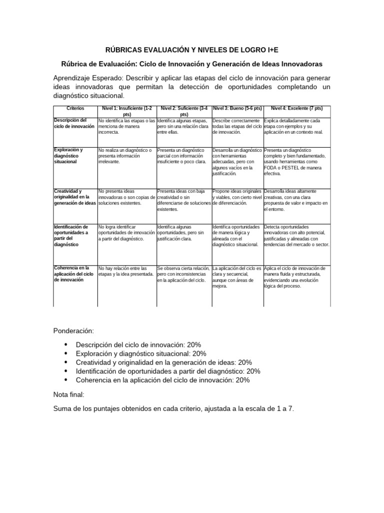 RÚBRICA DE EVALUACIÓN Y NIVELES DE LOGRO INNOVACIÓN Y EMPRENDIMIENTO-CFTPUCV (1) (5) | PDF ...