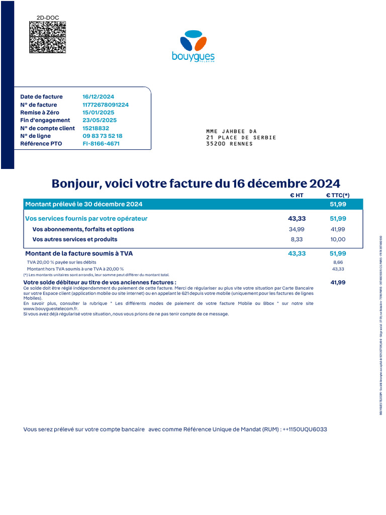 Facture Bouygues Telecom - Décembre 2024 | PDF | Facture | Secteurs du ...