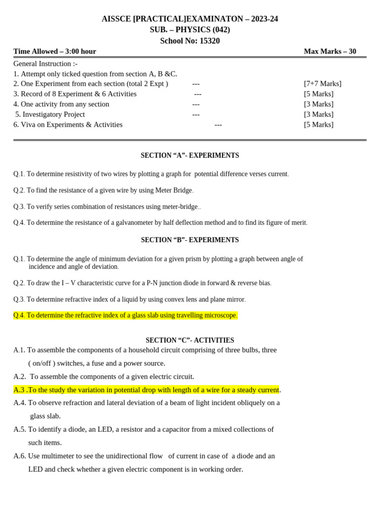 AISSCE 2023-24 Physics Practical Exam Guide | PDF | Diode | P–N Junction