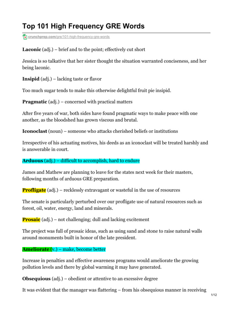 1 Crunchprep - Com-Top 101 High Frequency GRE Words | PDF | Adjective