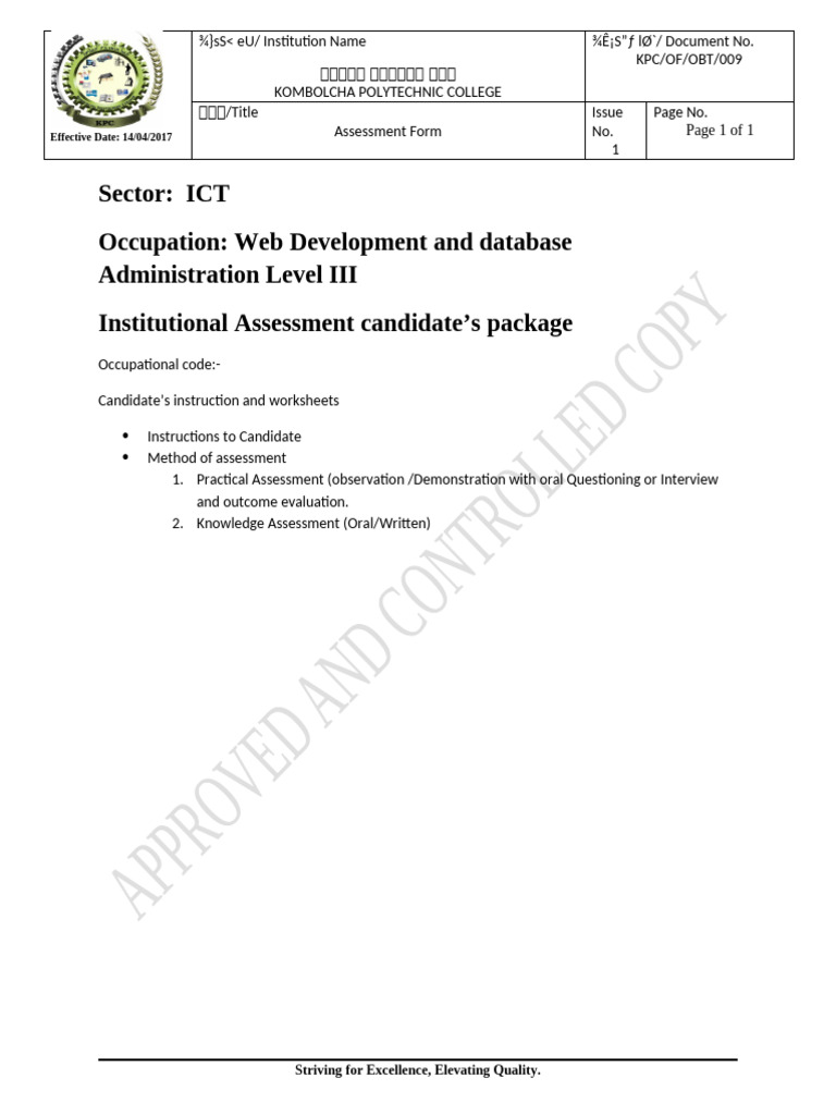 KPC of OBT 009 Assessment Form | PDF