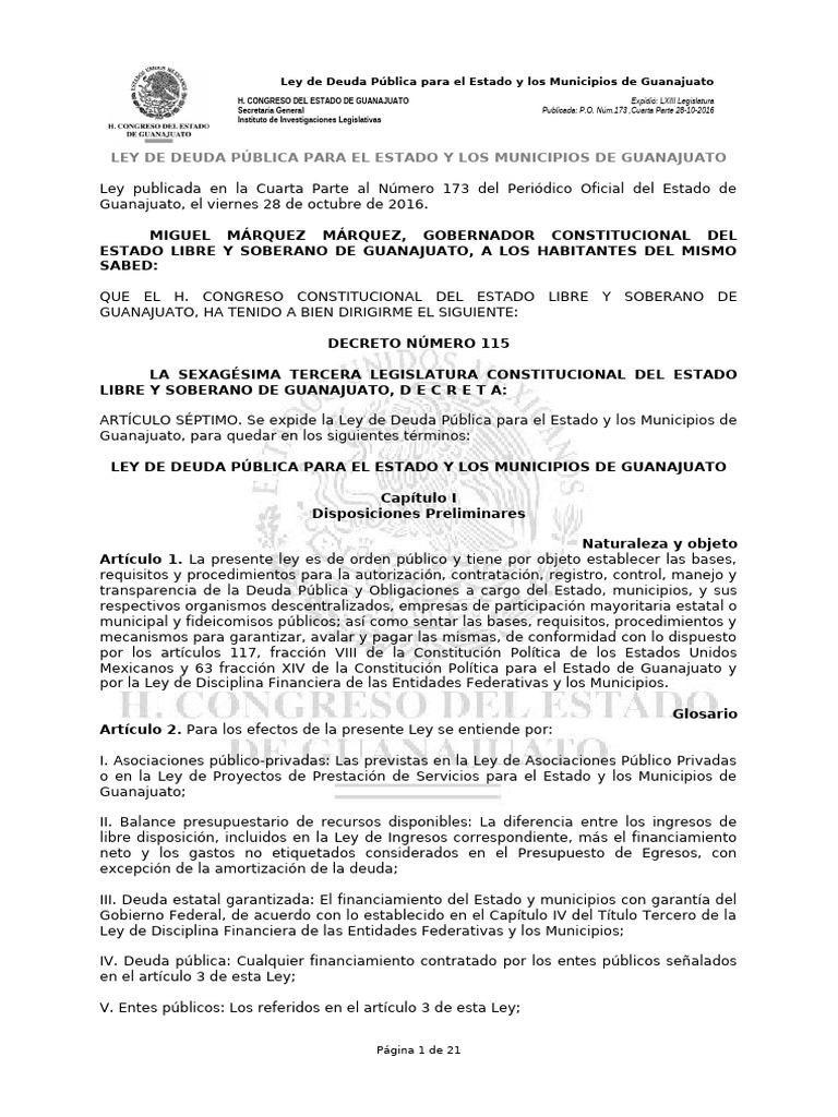 Ley de Deuda P Blica para El Estado y Los Municipios de Guanajuato | PDF | Deuda | Presupuesto