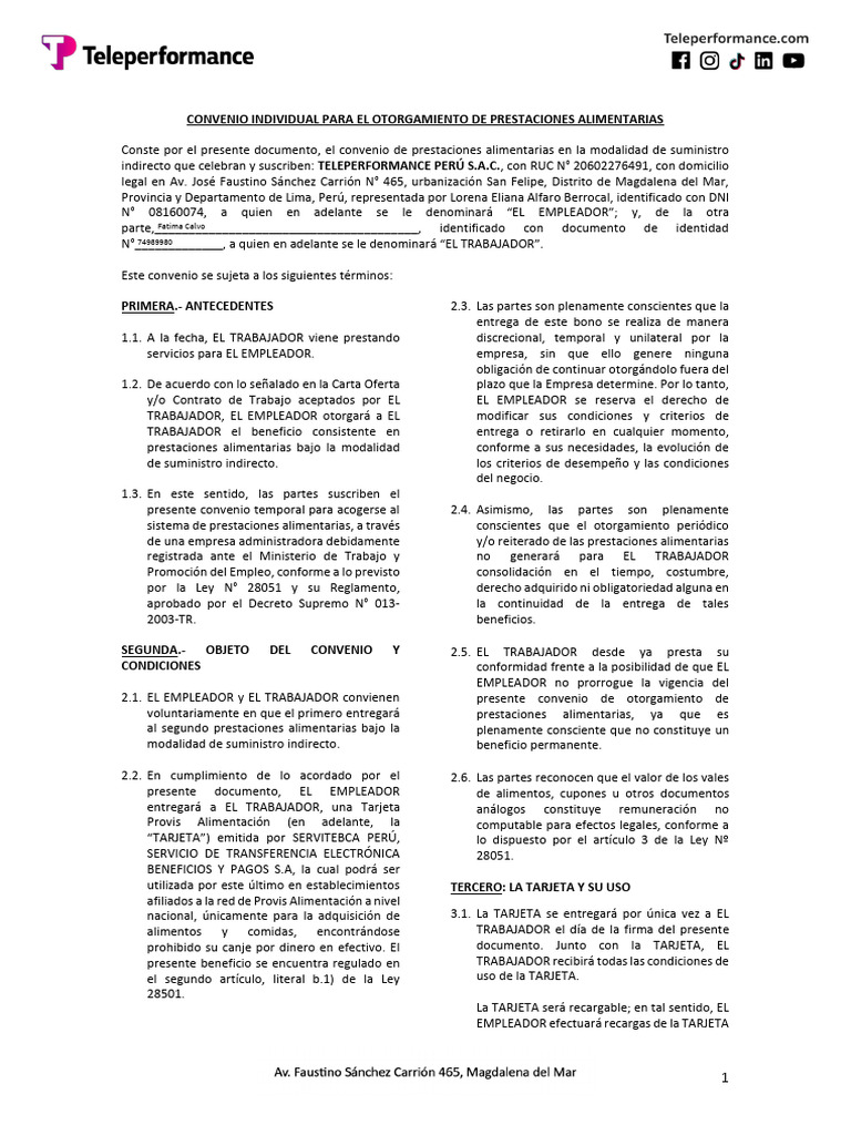 CONVENIO DE PRESTACIONES ALIMENTARIAS _ TELEPERFORMANCE_encrypted_ | PDF | Derecho laboral ...