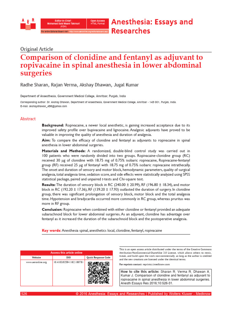 Clonidine vs Fentanyl in Spinal Anesthesia | PDF | Anesthesia | Medicine