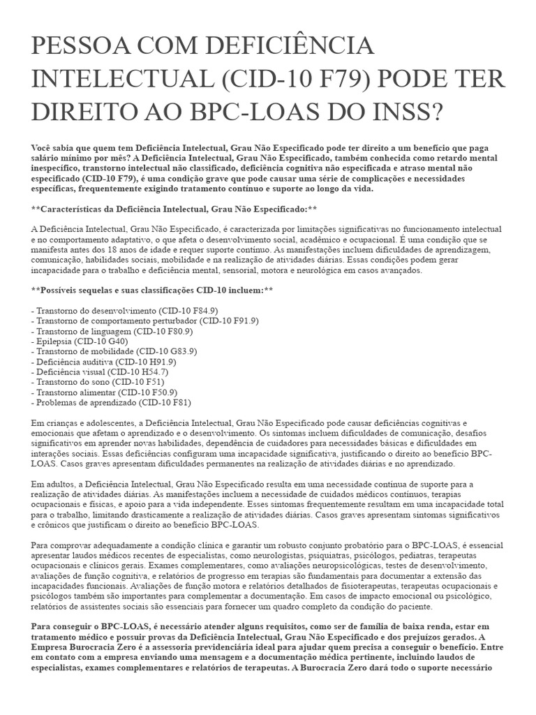 Deficiência Intelectual e BPC-LOAS: CID-10 F79 | PDF | Deficiência ...