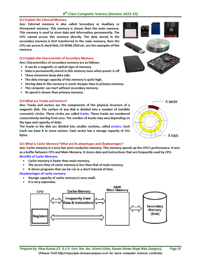 8 Class Computer Science (Session 2022-23) : Q:2 Explain The External Memory | PDF