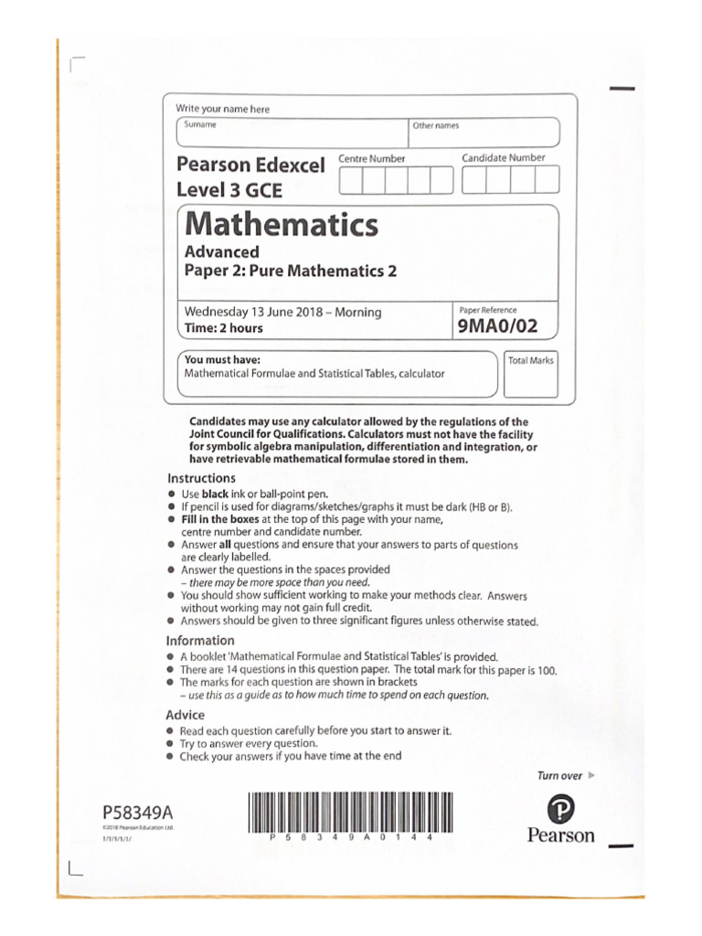 Edexcel Paper 2 a Level Pure Mathematics 2 May 18 9MA002 | PDF