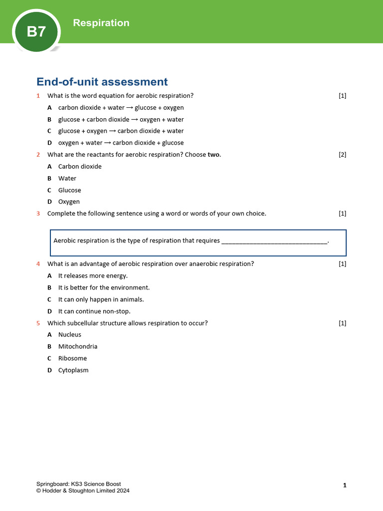 B7 Assessment Springboard KS3 Science | PDF | Cellular Respiration ...