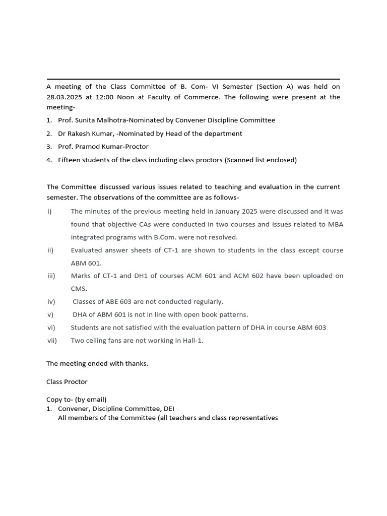 Minutes of Class Committee Second-Even Sem.2025 | PDF