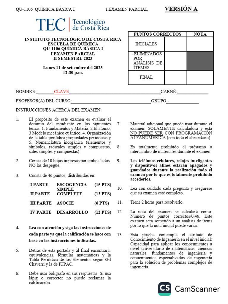 Presentaciones-I-Parcial I Parcial QB1 IIS 2023 Versión A Clave | PDF ...