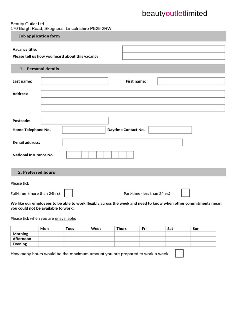 Beauty Outlet Job Application Form | PDF | Employment | Business