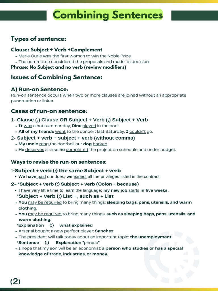 Sentence Combining and Run-On Fixes | PDF | Subject (Grammar) | Syntax