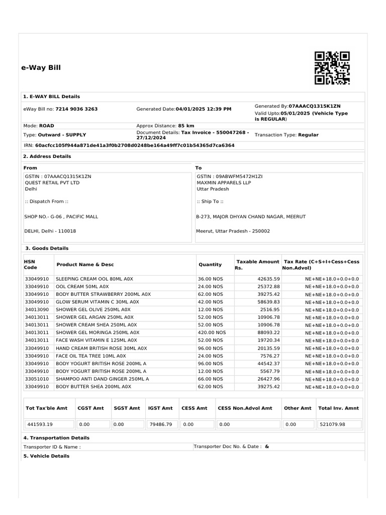 E-Way Bill Details for Supply Transaction | PDF