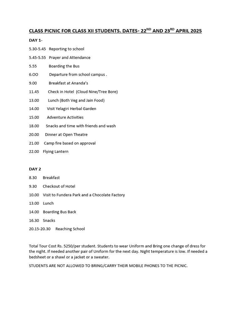 Class Picnic For Class Xii Students 2025-2026 | PDF