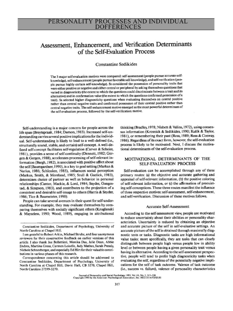 Sedikides - 1993 - Assessment, enhancement, and verification determinants of the self-evaluation ...