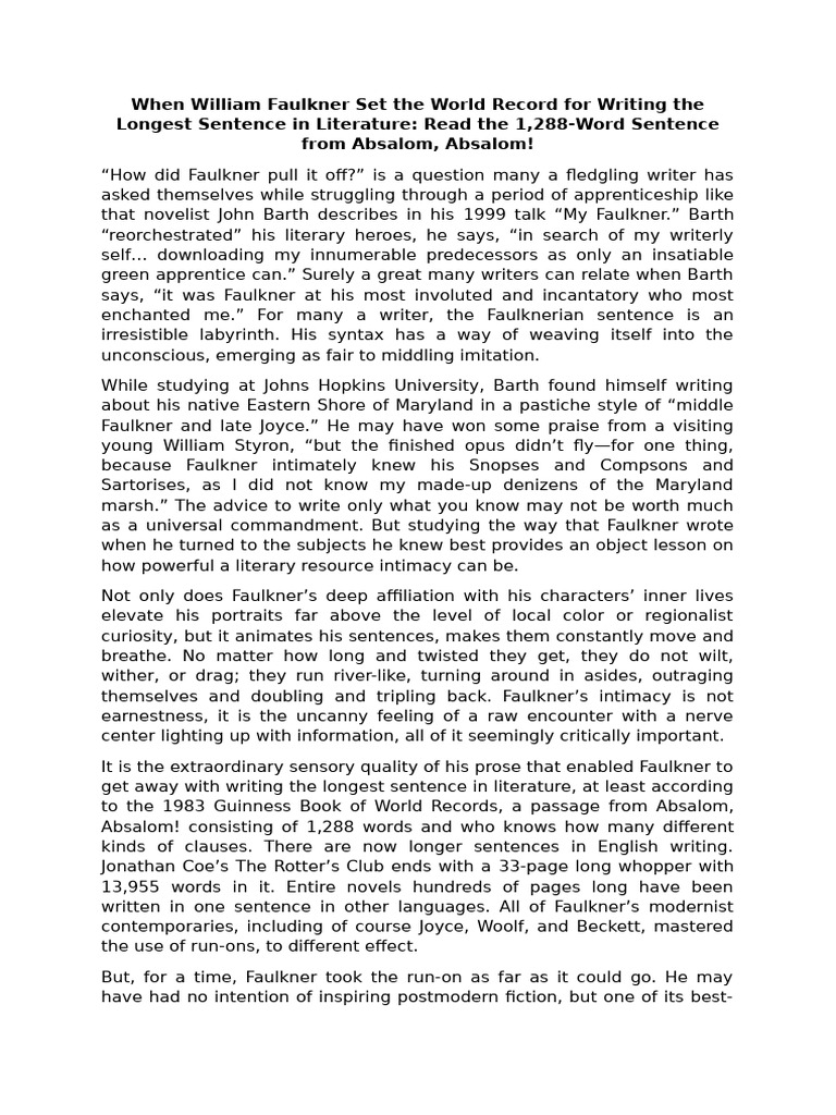 When William Faulkner Set The World Record For Writing The Longest ...