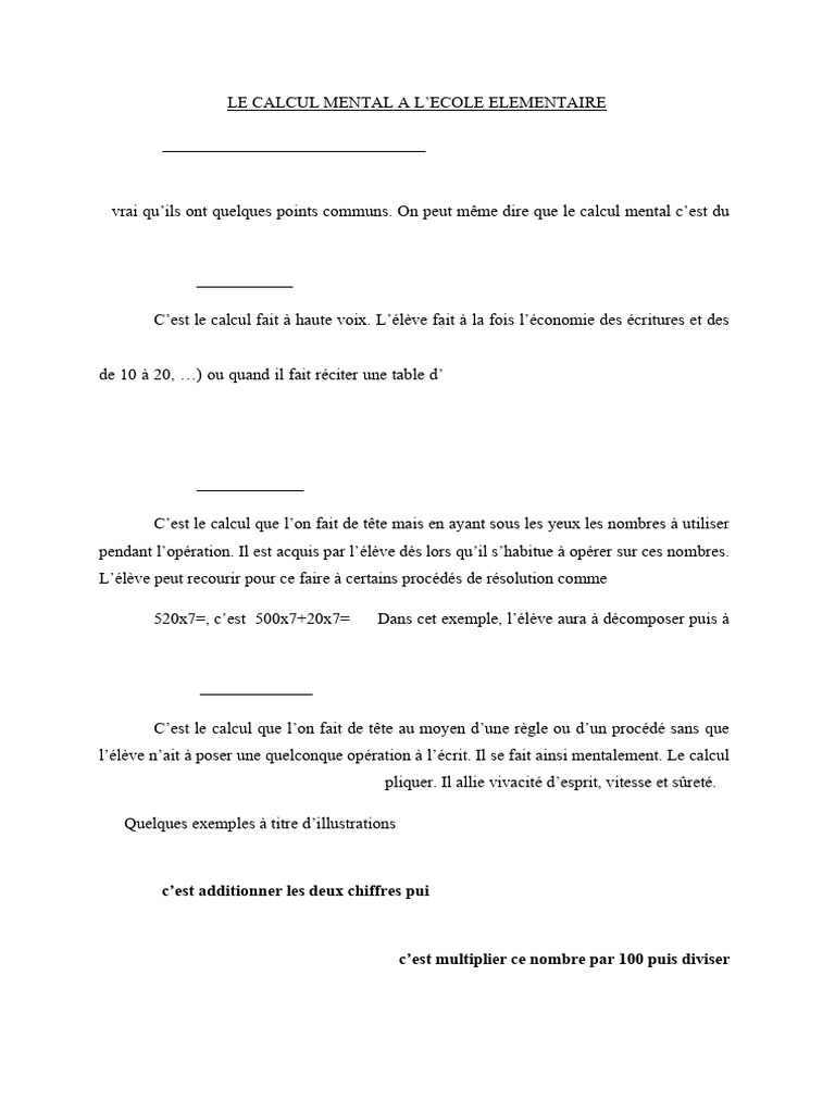 Calcul Mental à l'École Élémentaire | PDF | Induction (logique ...