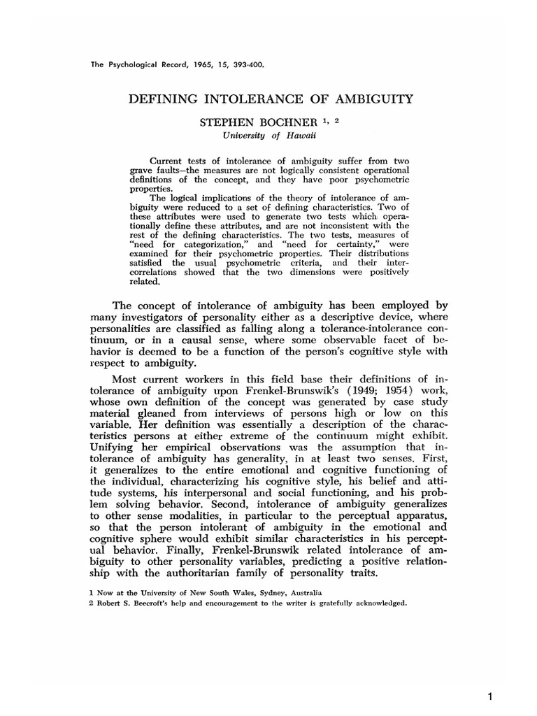 Bochner - 1965 - Defining Intolerance of Ambiguity | PDF | Concept | Psychometrics