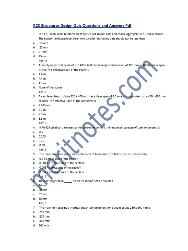 RCC Structure Design Quiz Questions | PDF | Beam (Structure) | Mechanical Engineering
