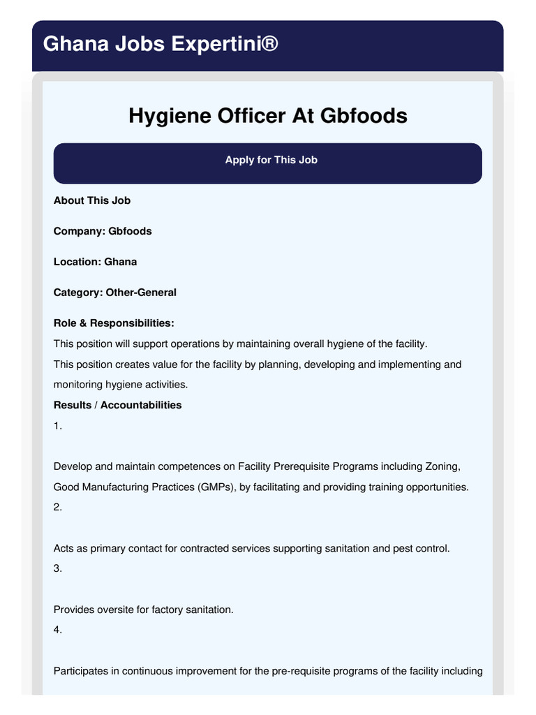 Hygiene Officer at Gbfoods Ghana Gbfoods E900dc78bb | PDF | Food Safety ...