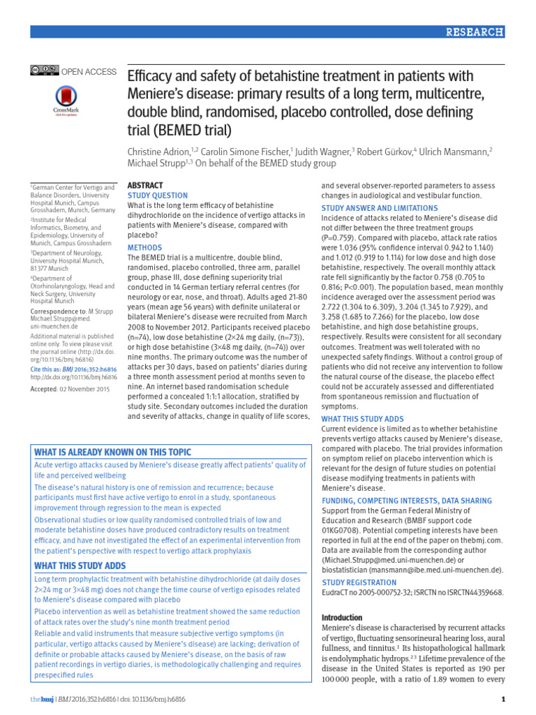 Efficacy and Safety of Betahistine Treatment Meiners Disease | PDF ...
