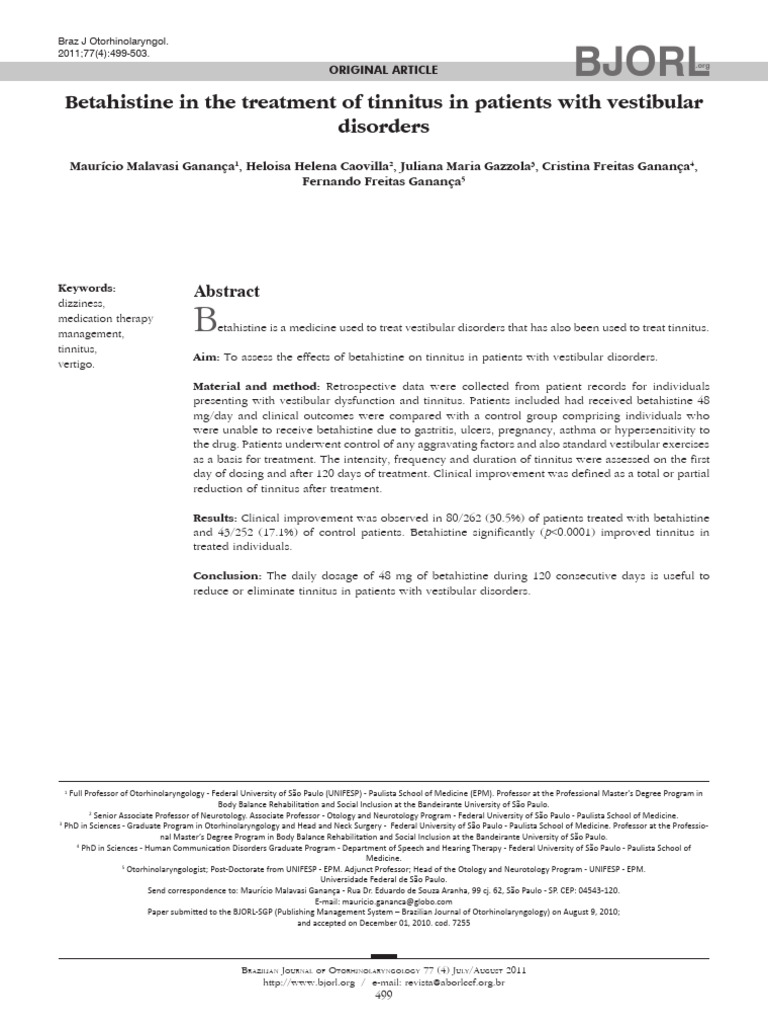 Betahistine's Impact on Tinnitus Treatment | PDF | Tinnitus | Drugs