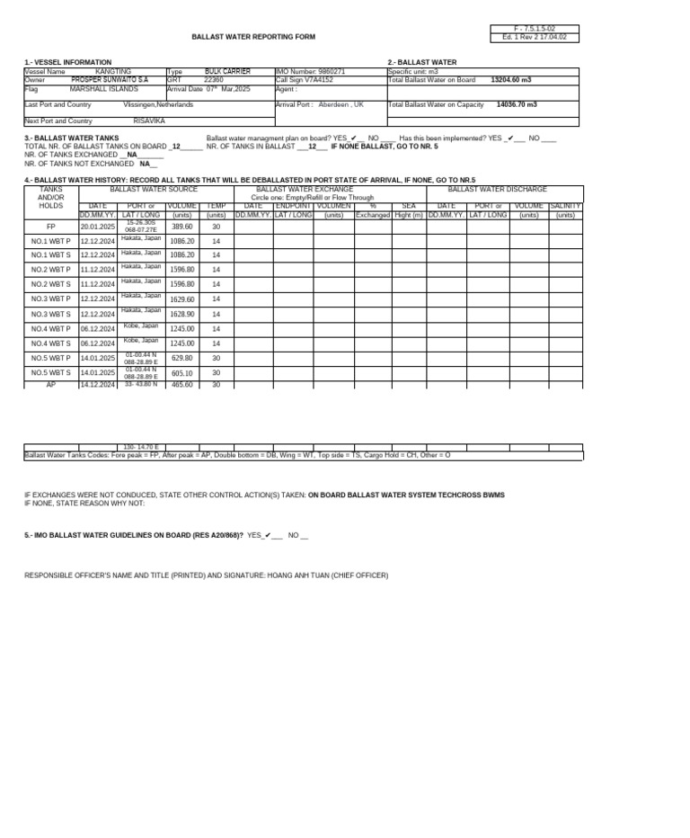 Ballast Water Reporting Form | PDF | Ships | Water