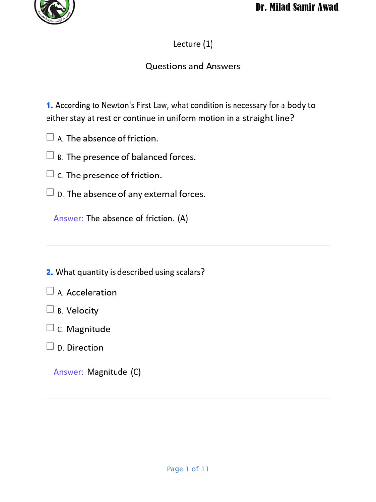 Lecture 1 Questions And Answers Pdf Force Euclidean Vector 6845