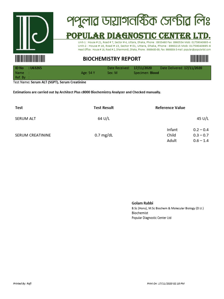 SGPT Test Report - Popular Diagnostic Center | PDF